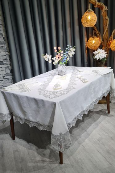 26 Parça Fransız Güpürlü Firuze Masa Örtüsü Takımı Krem - Silver Fiyatı