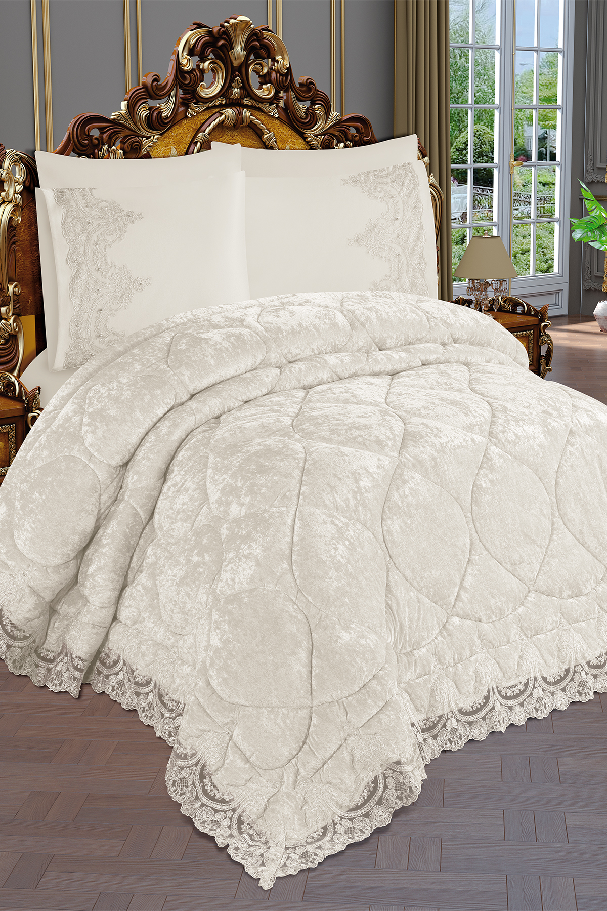 Ayzer Dantelli Kadife Yorgan Seti 6 Parça Krem Fiyatı